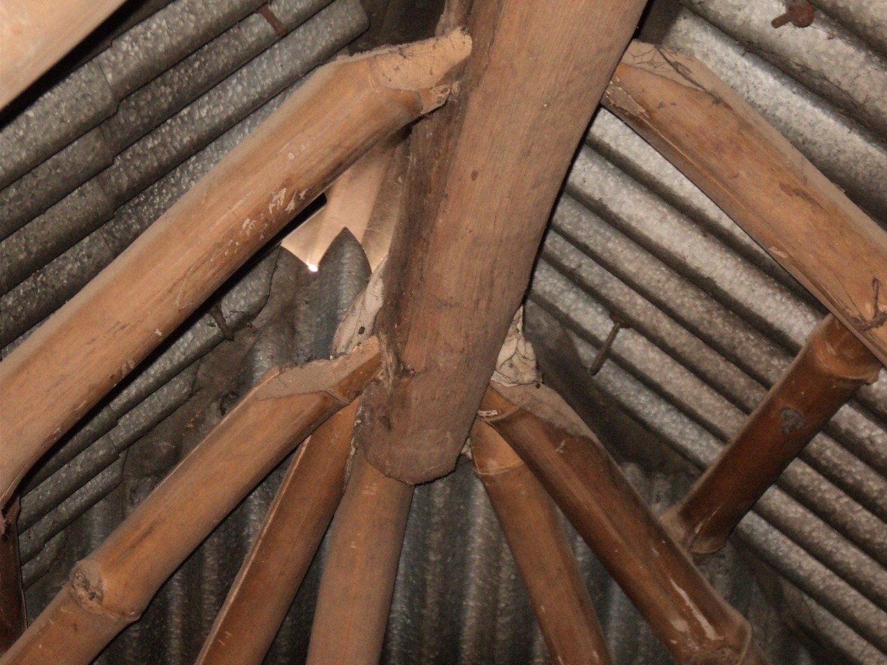Birbhum4-Detail of joinery between mahua wood ridge nad bamboo rafters ...